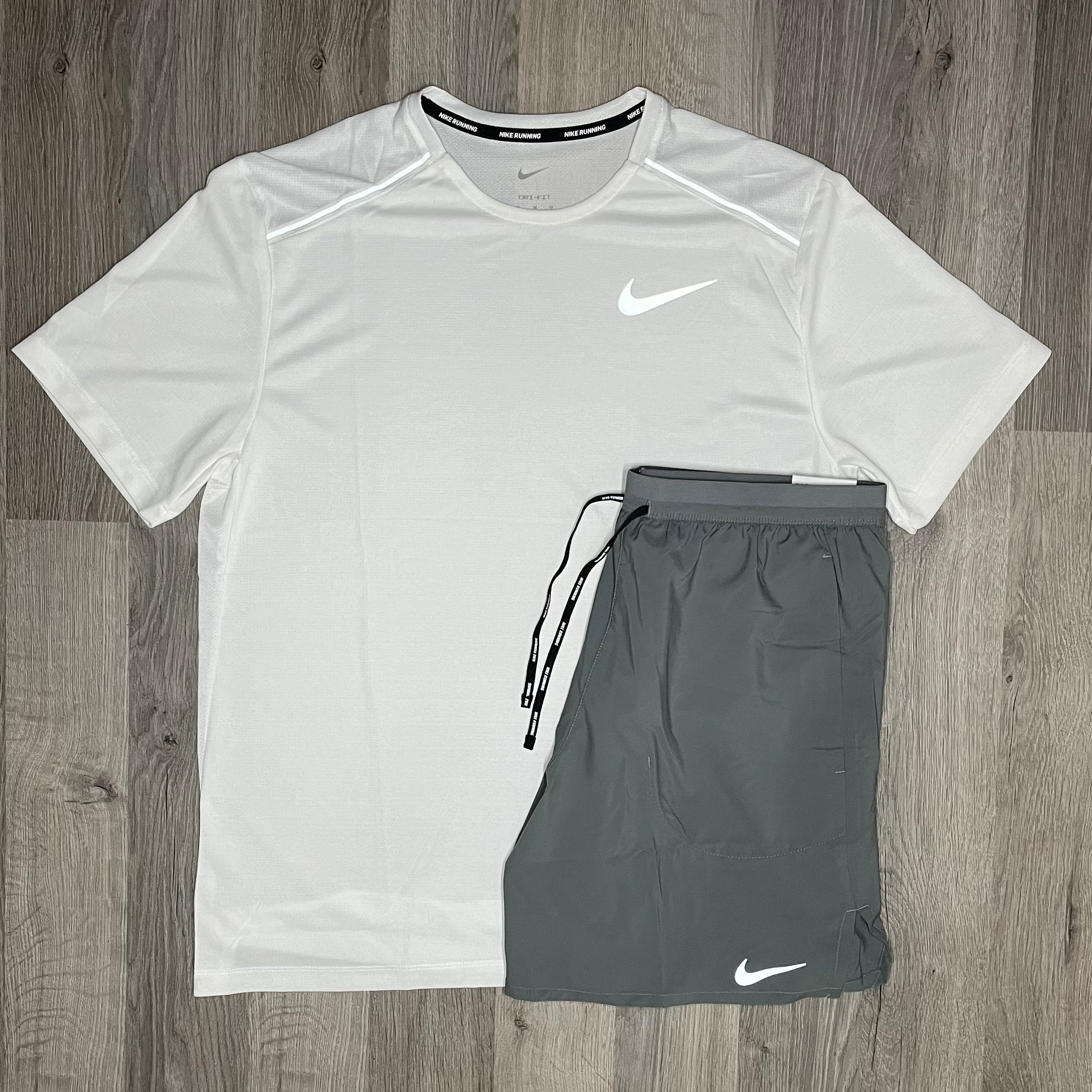 Nike Miler & Flex Stride Set - Tee & Shorts - White / Grey – RESTOCK3D